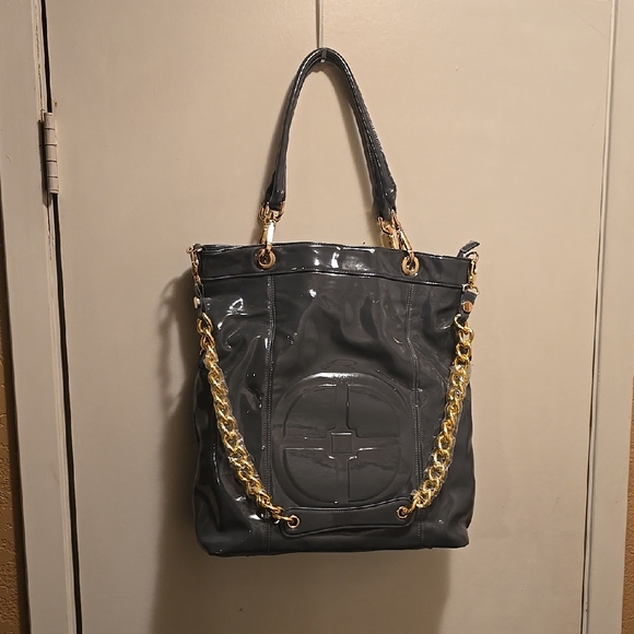 IMAN | Bags | Iman Gray Patent Leather Tote Bag With Gold Chain | Poshmark